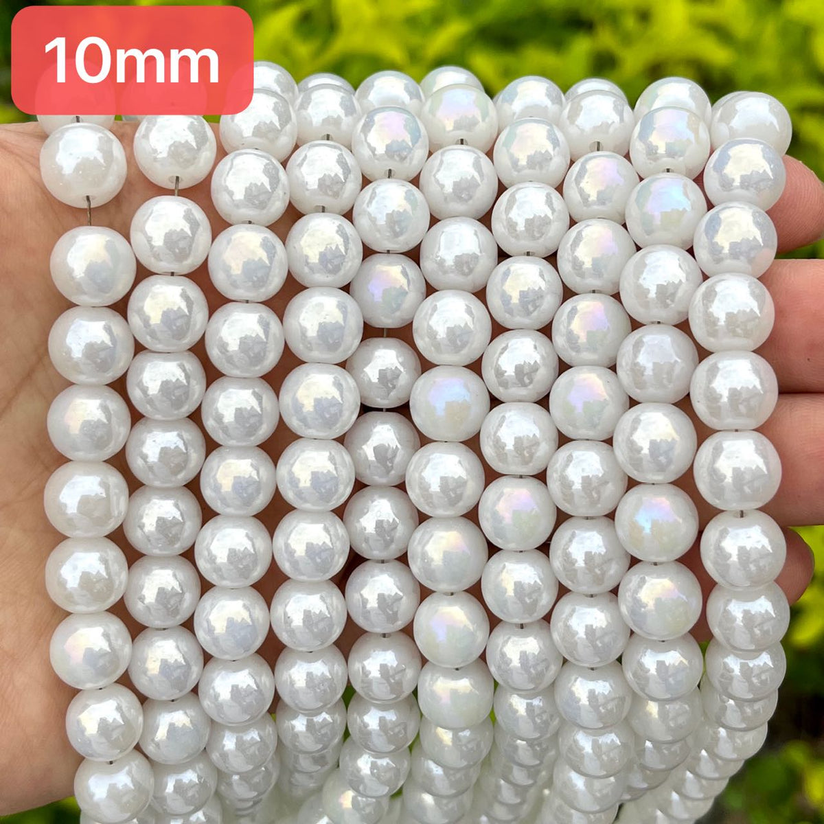 10mm smooth finish electroplated White glass beads, sold per pkg of 1 ...